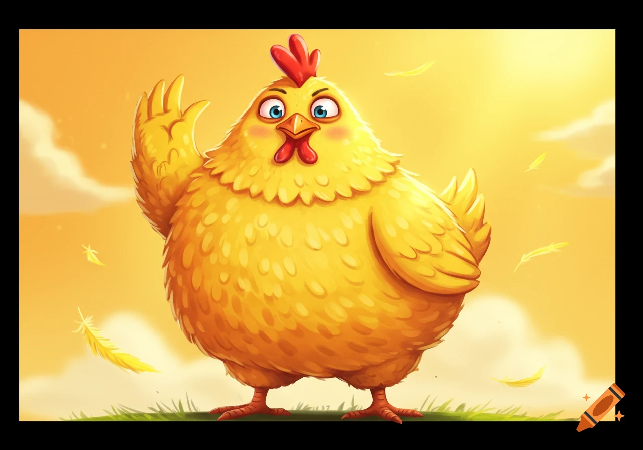 A cartoon chicken waves goodbye in a sunny field with floating feathers ...