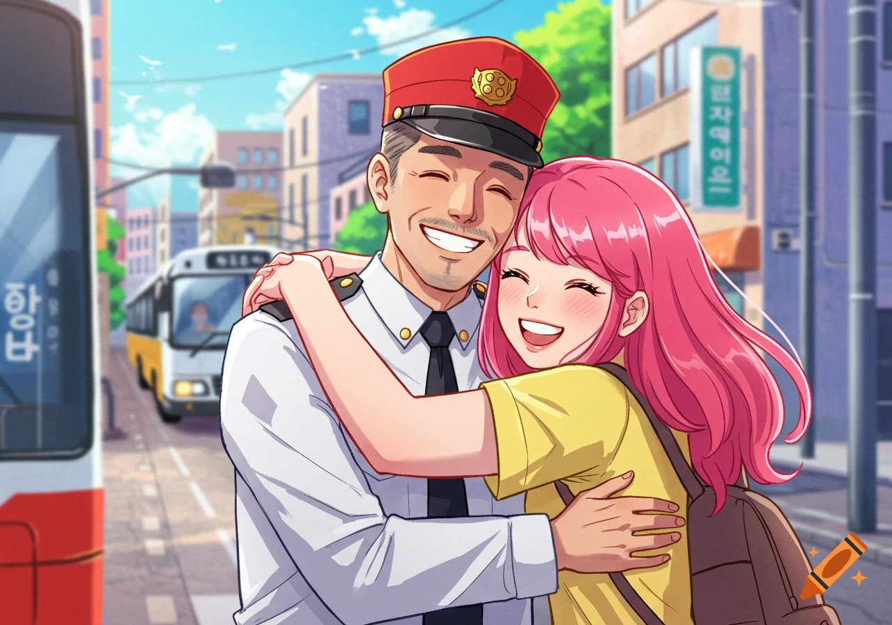 An anime illustration of a bus driver and a young woman hugging in a ...
