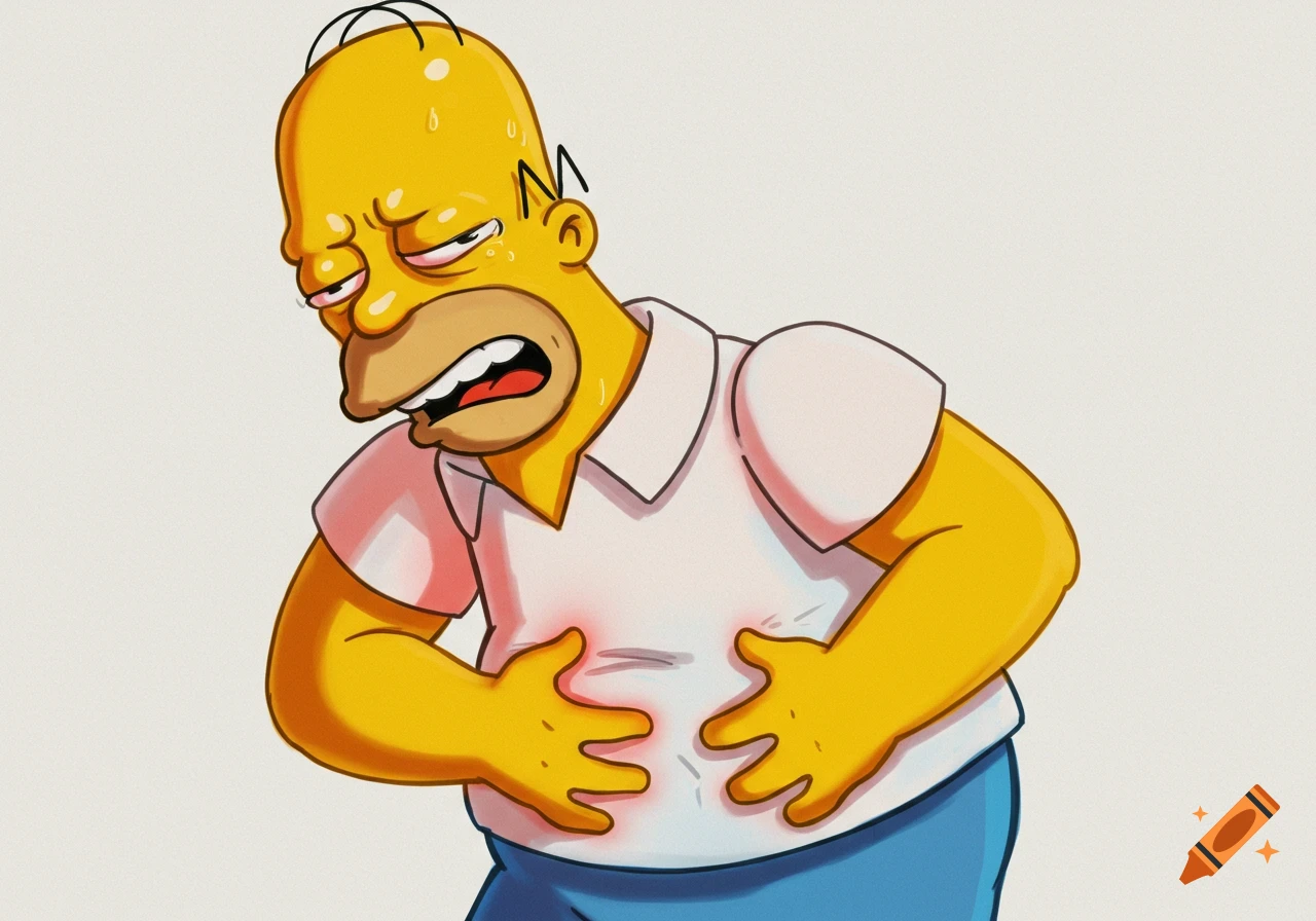 Cartoon of Homer Simpson clutching his stomach in pain. on Craiyon