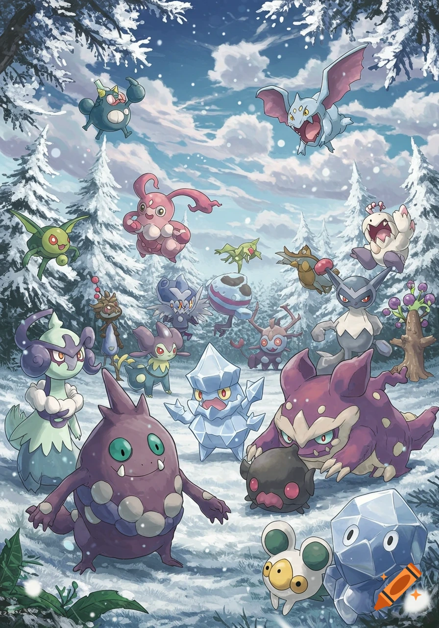Illustration of many different Pokemon in a snowy forest. on Craiyon