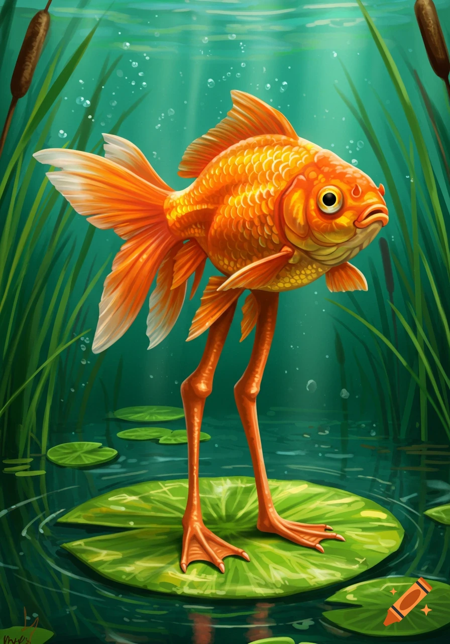 A surreal digital painting of a goldfish with long orange bird legs ...