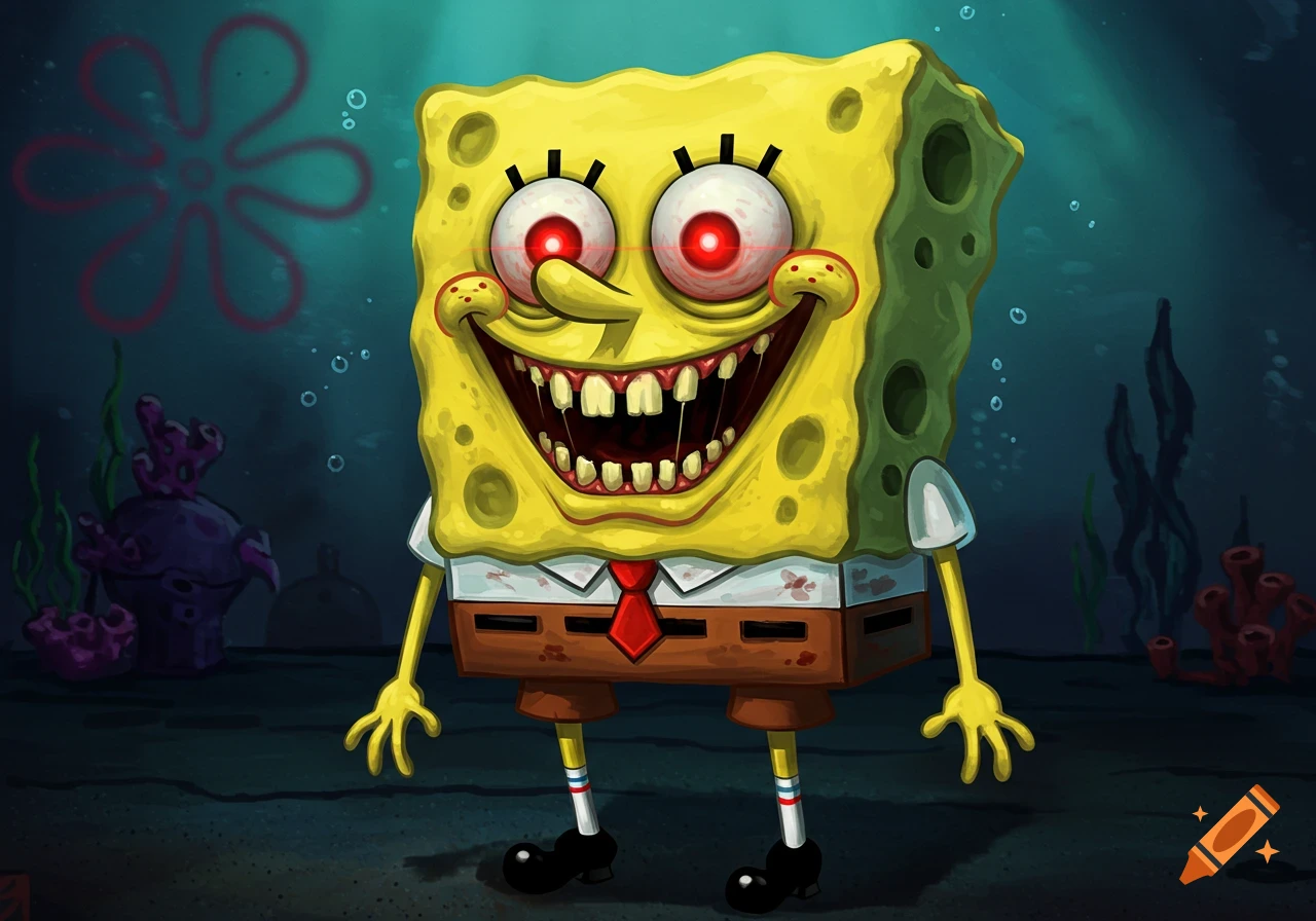 Horror style Spongebob with red eyes and sharp teeth underwater on Craiyon