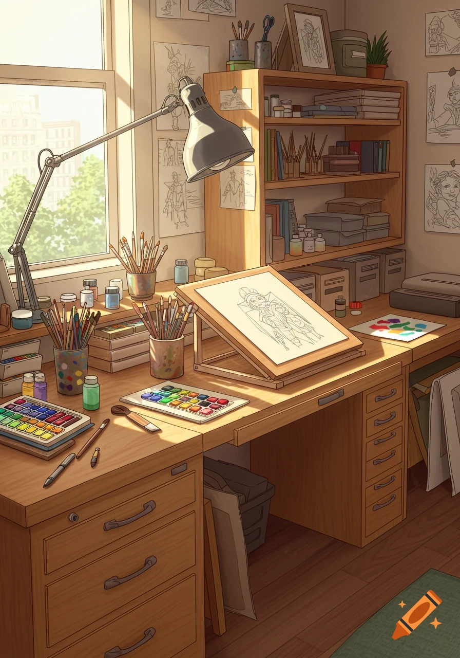 Art studio desk with supplies, drawings, and a window view. on Craiyon