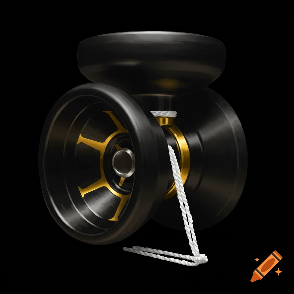 A black and gold yo-yo with a white string sits on a black background ...