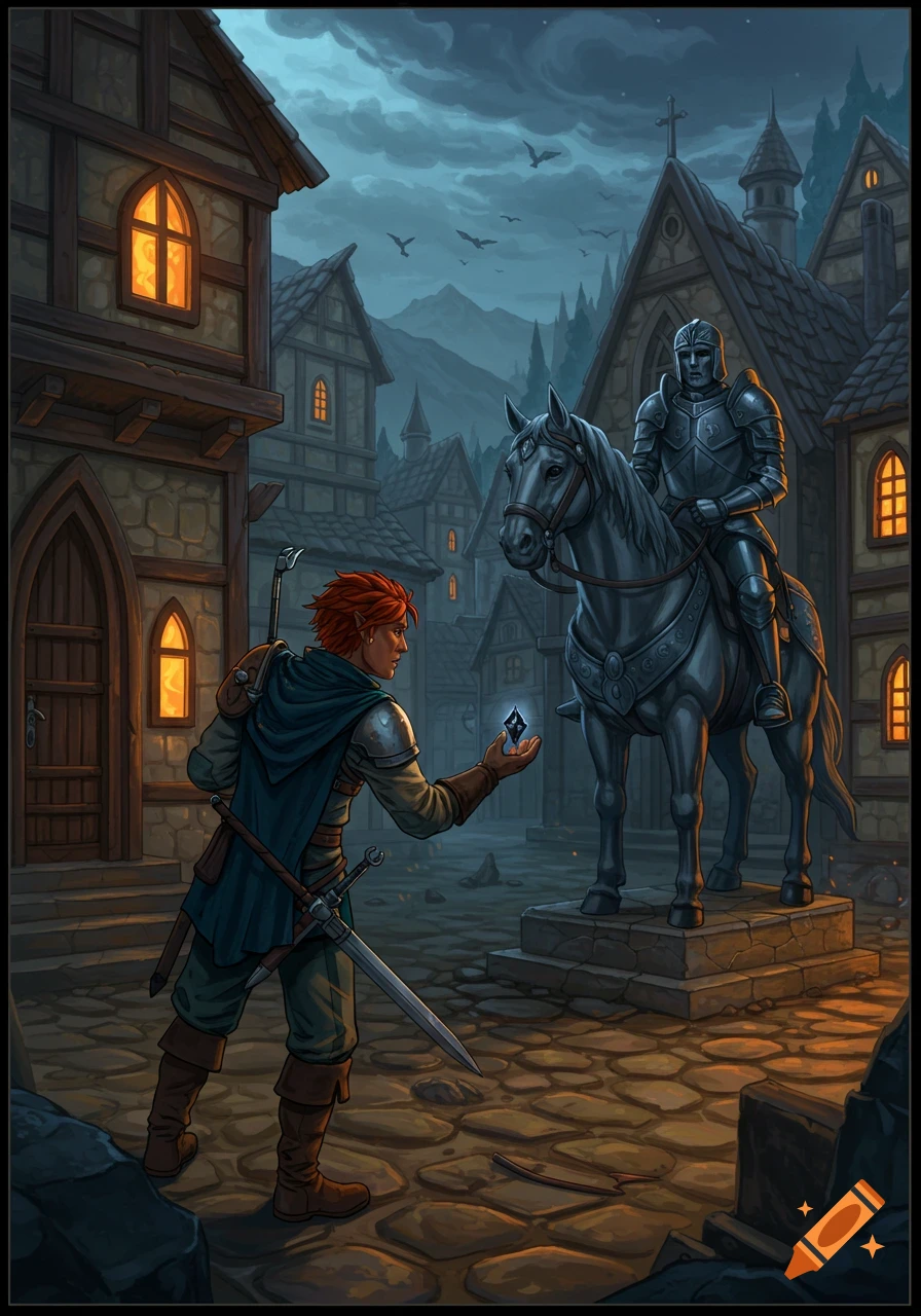 Illustration of a person holding a glowing shard, looking at a knight ...
