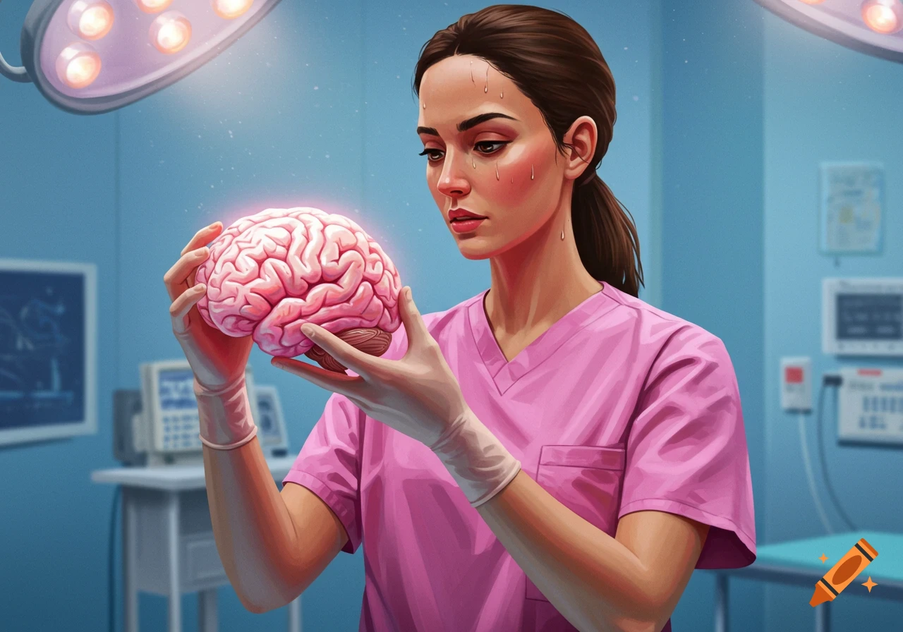 A woman surgeon in pink scrubs holds a brain in an operating room ...