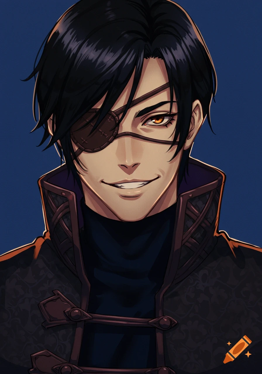 An anime portrait of a man with black hair, an eye patch over his left ...
