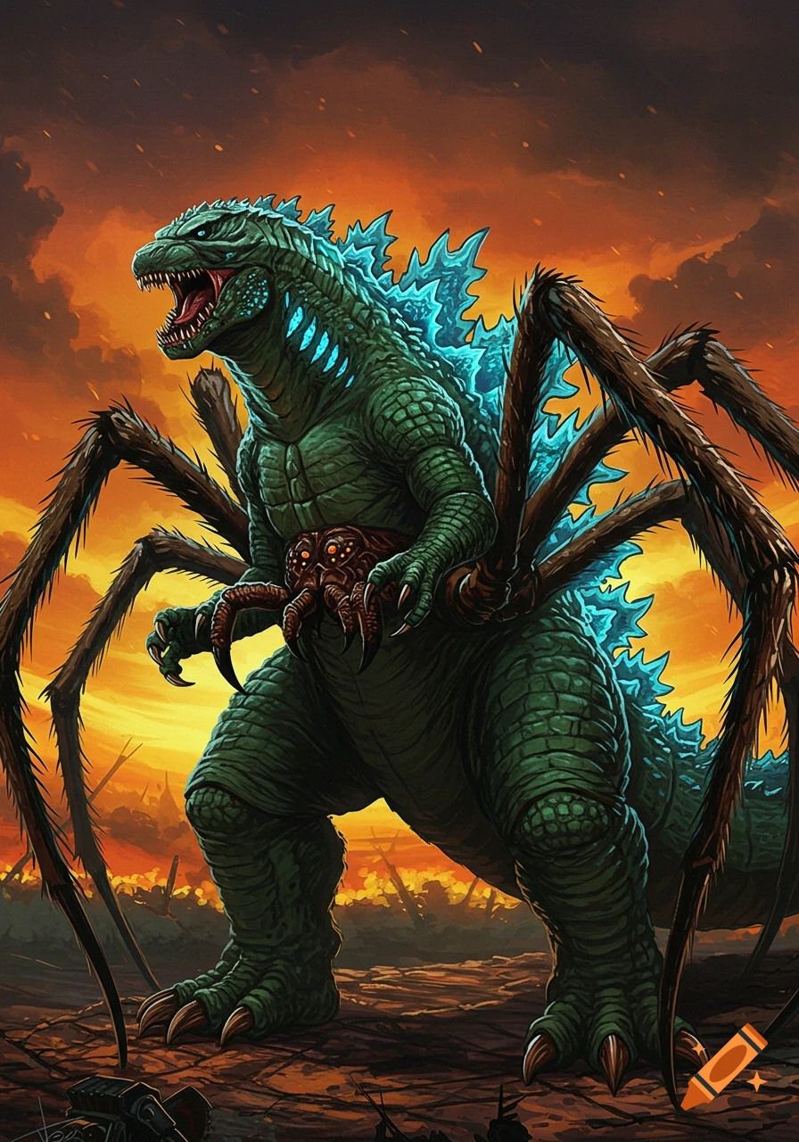 Spider-Godzilla monster stands in a fiery post-apocalyptic landscape ...