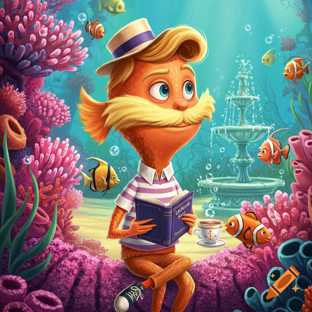 Cartoon fish character resembling the Lorax sits underwater on coral ...