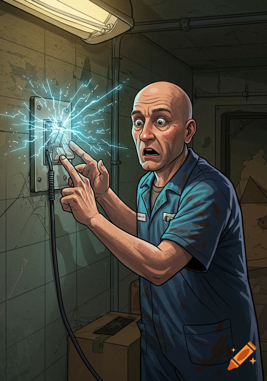 Cartoon illustration of a bald janitor getting an electrical shock from ...