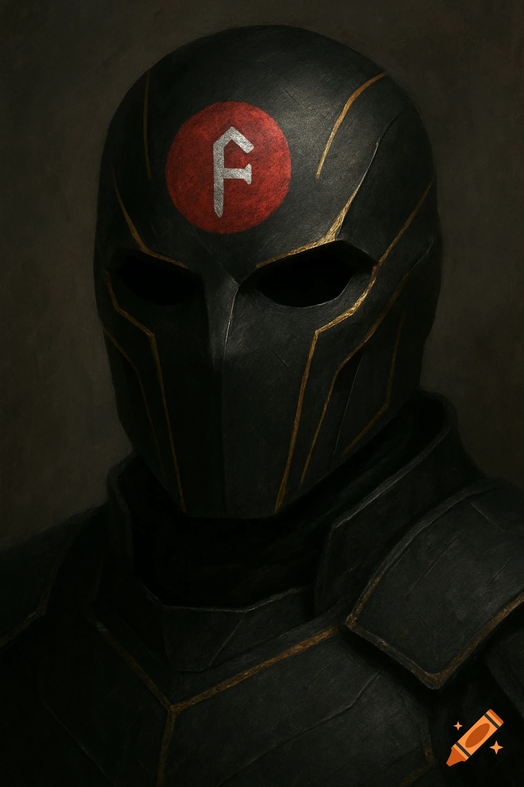 Close-up of a masked figure wearing black armor with gold lines, a red ...