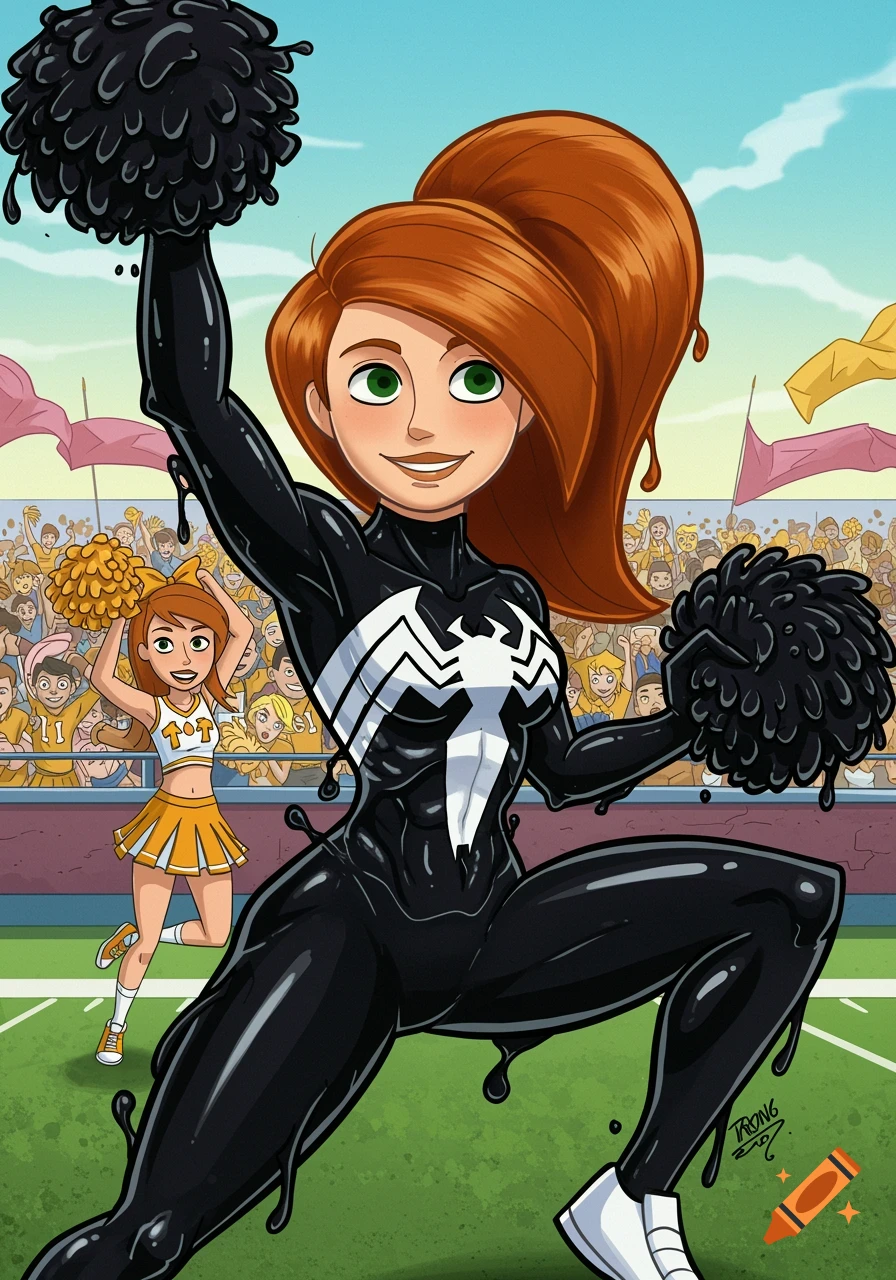 Cartoon Kim Possible in a black Venom suit cheerleading on a football ...