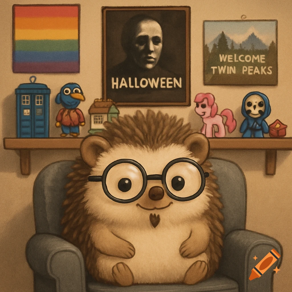 A cute hedgehog with glasses and a goatee sits in an armchair ...