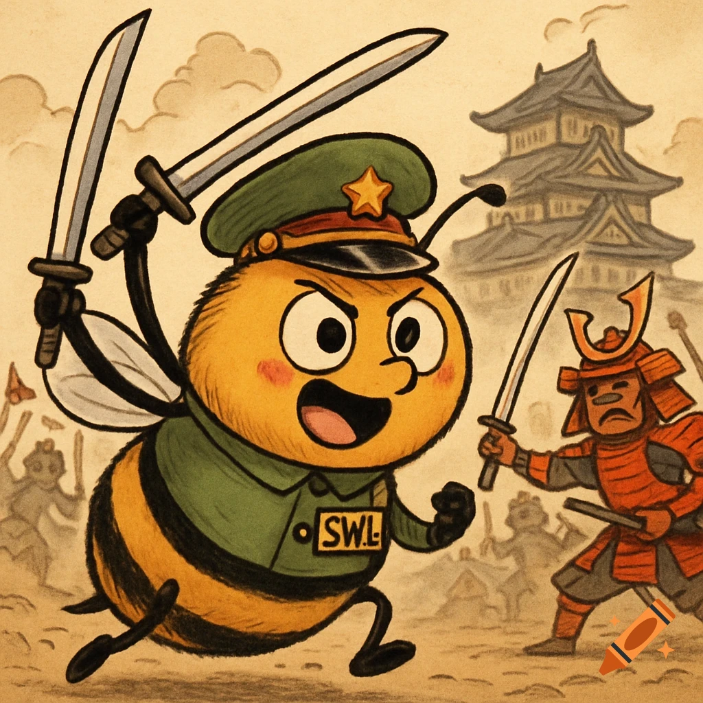 Cartoon bee general with swords battles a samurai in a Japanese scene ...