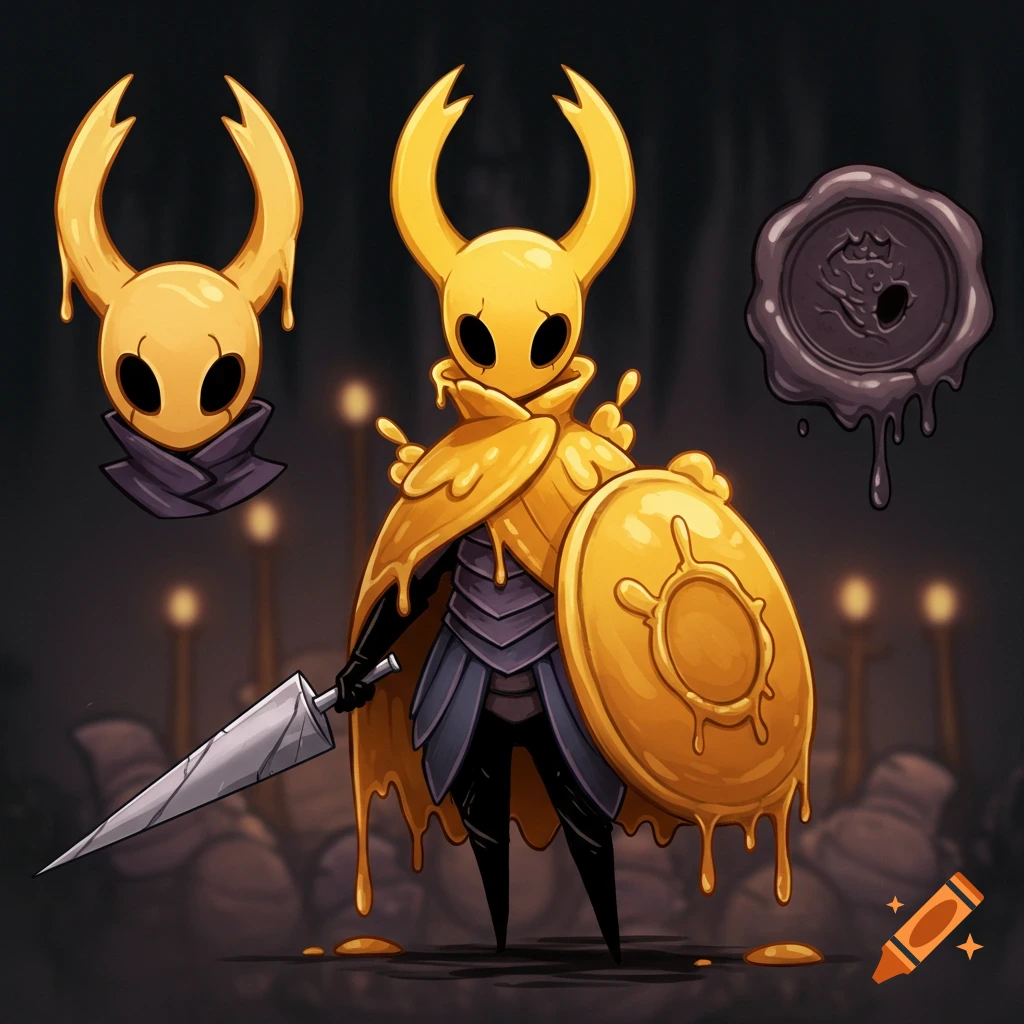 Stylized character design of a knight covered in dripping yellow wax ...