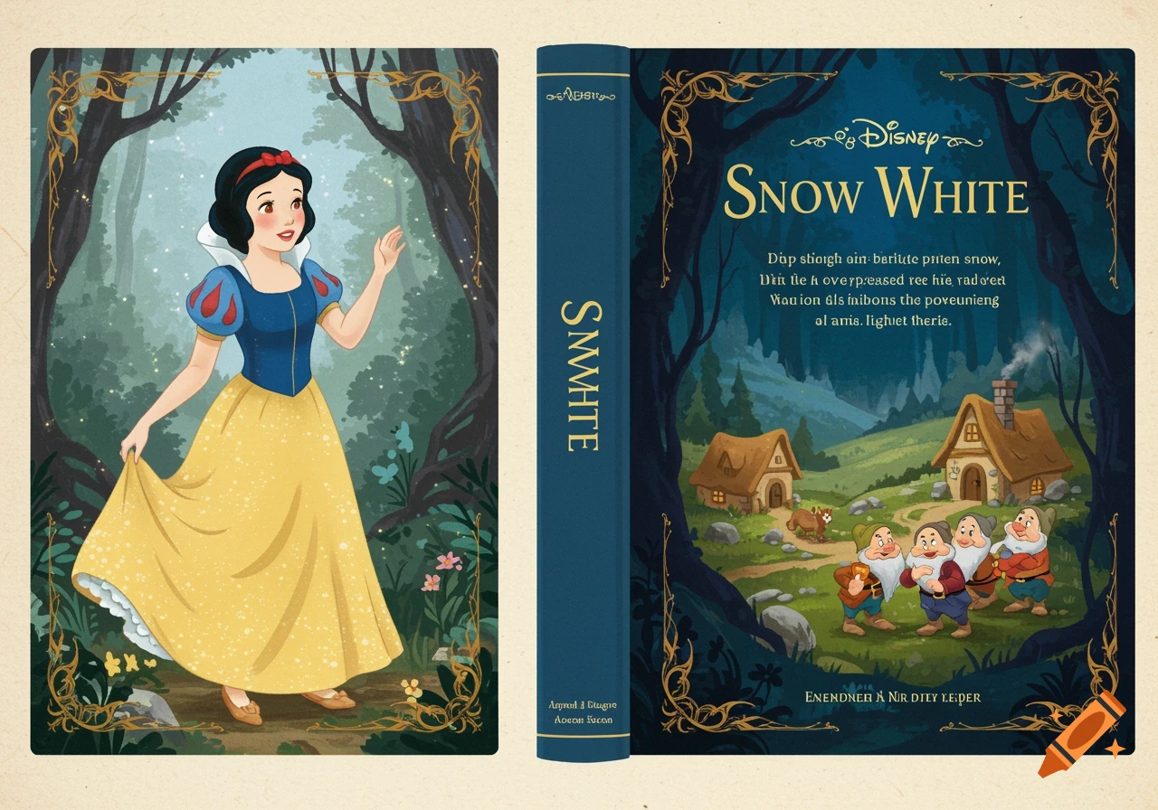 Illustrated book jacket for Snow White featuring Snow White, the ...