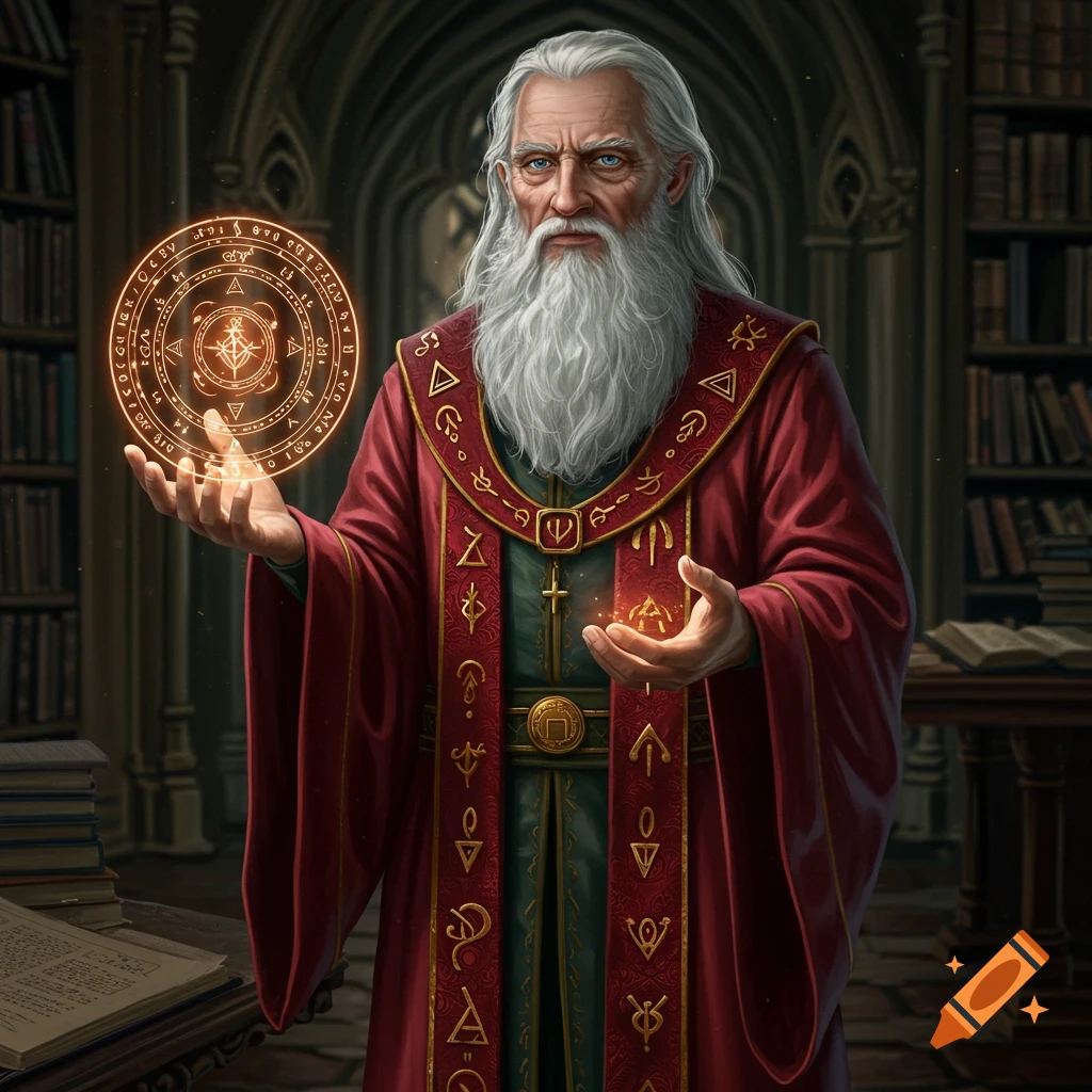 An old wizard in red robes holds a glowing magic circle and orb. on Craiyon