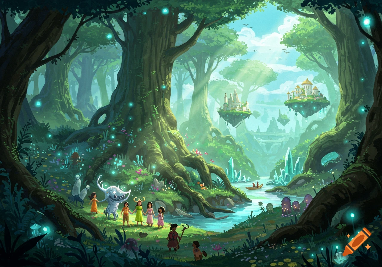 Illustrative fantasy scene of children and a creature in a glowing ...