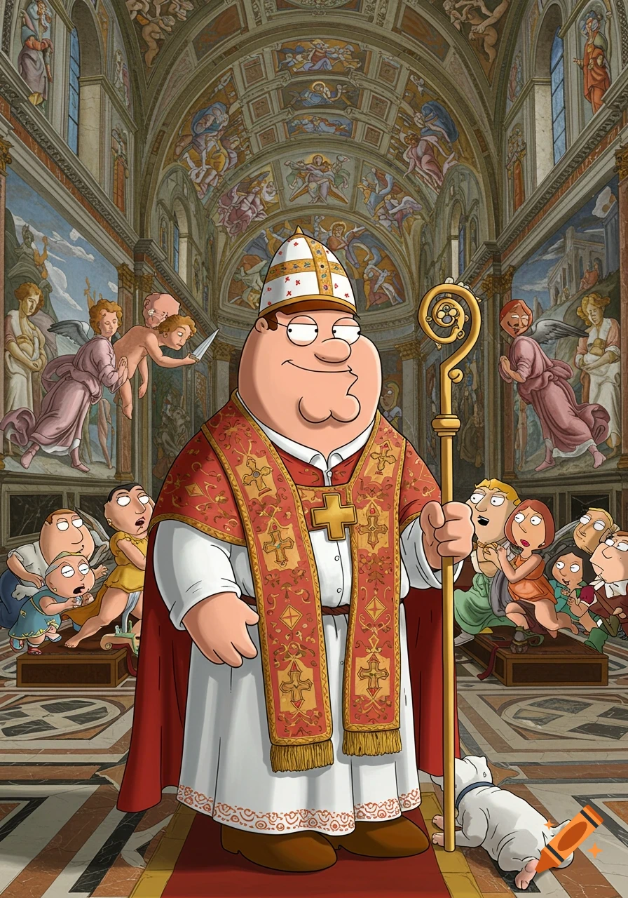 Peter Griffin dressed as a Pope standing in a lavish church with other ...