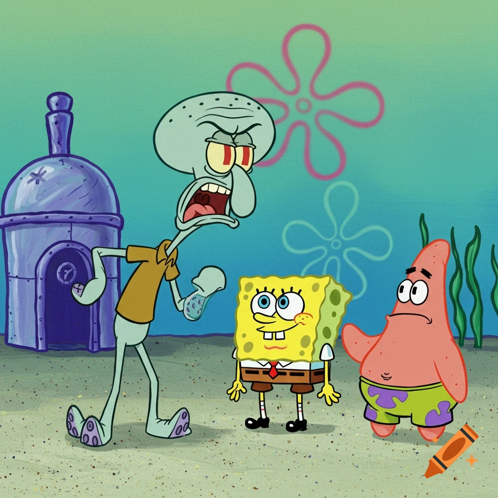 Squidward yells at SpongeBob and Patrick on the seabed on Craiyon
