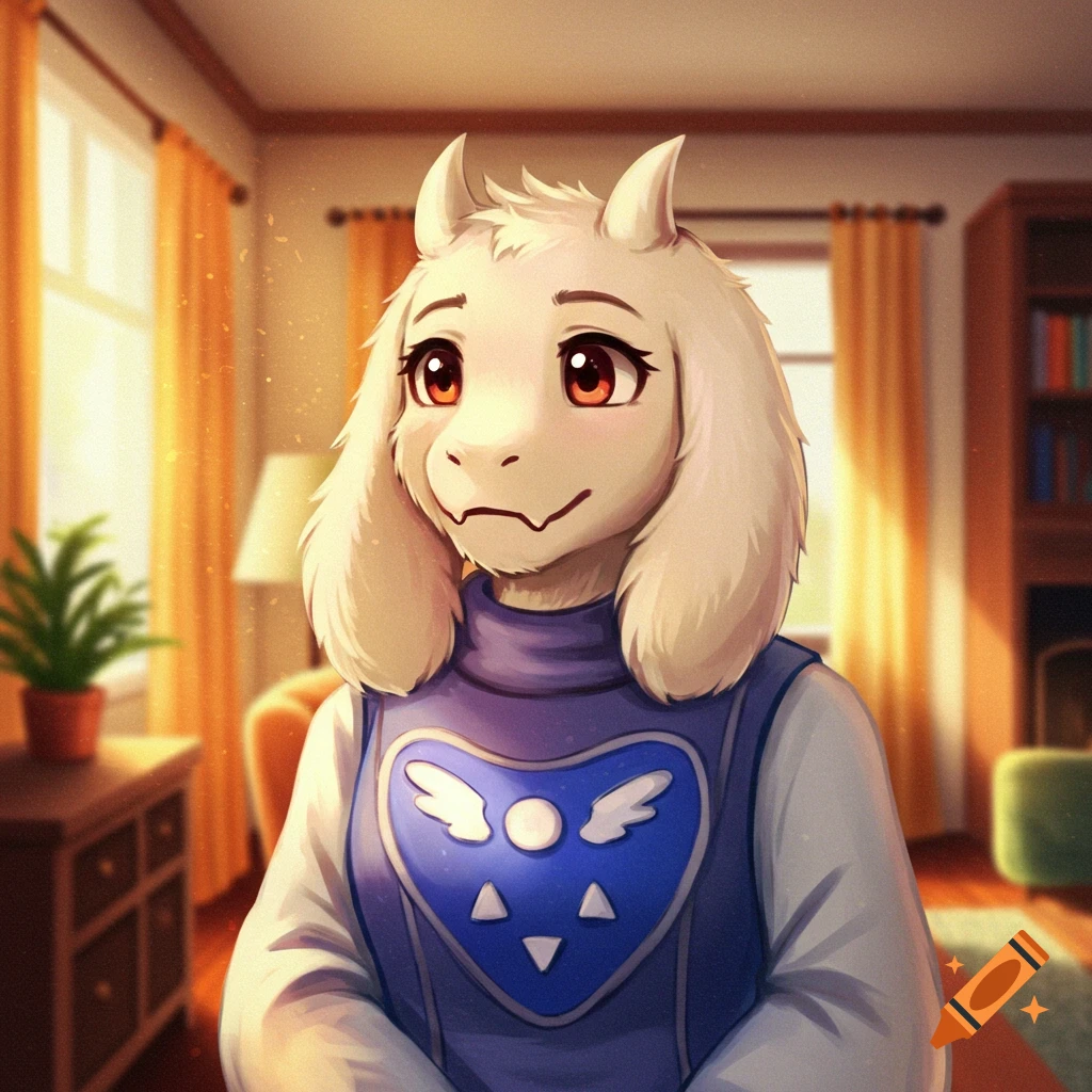 A portrait of a furry character with white fur and red eyes wearing a blue vest in a sunlit room ...