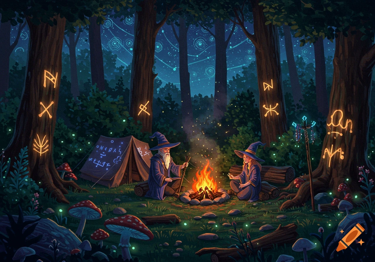 Two wizards camp by a fire in a magical forest with glowing runes under ...