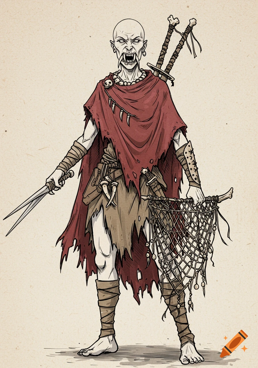 Pen and ink illustration of a bald barbarian woman with filed teeth ...