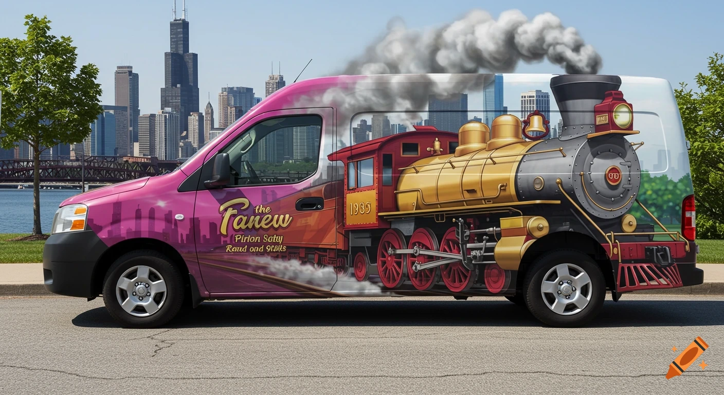 A pink van wrapped with a graphic of a steam locomotive and the Chicago ...