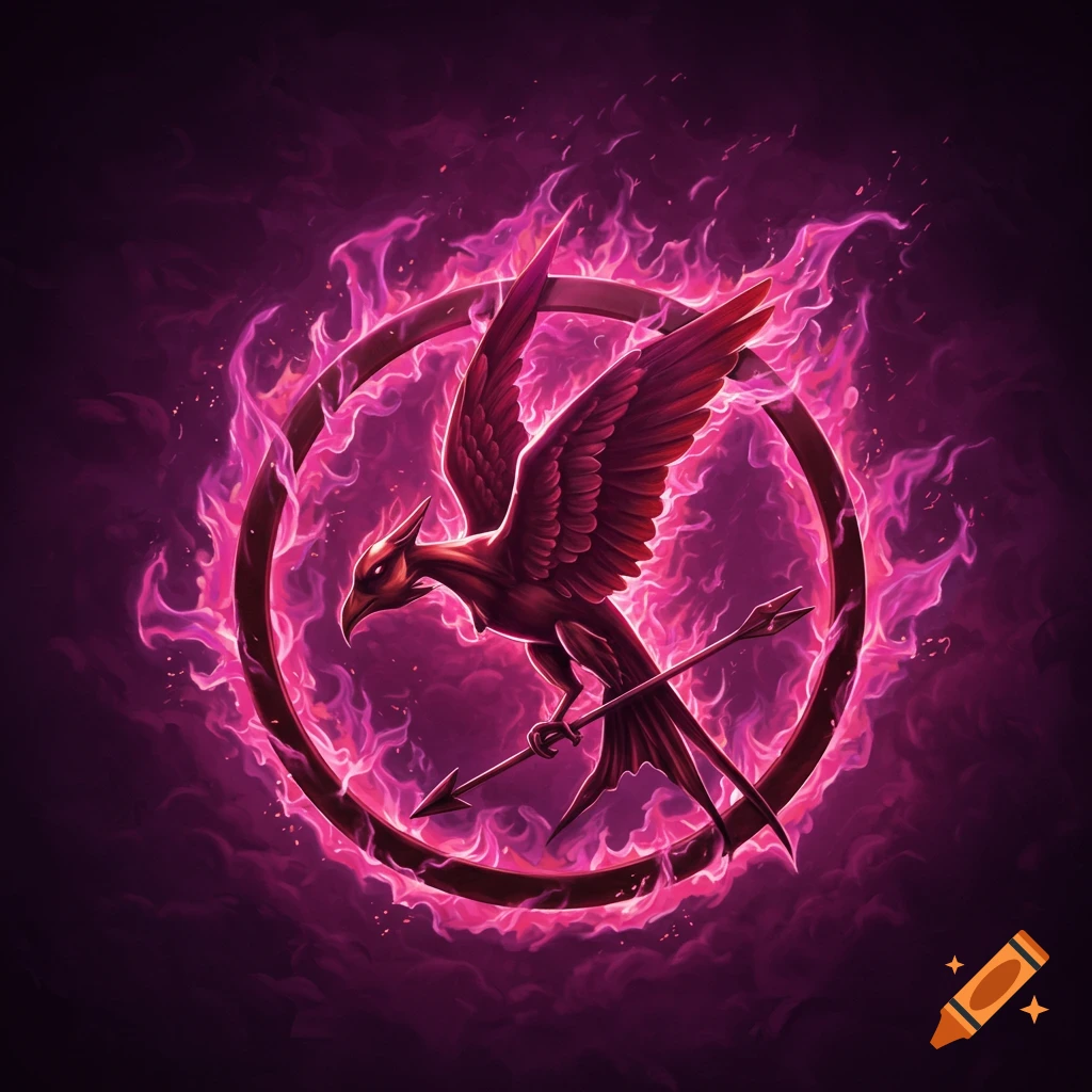 Mockingjay logo surrounded by pink and purple flames on Craiyon