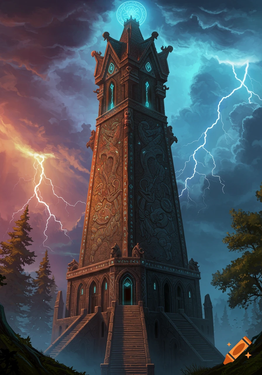 A tall fantasy tower covered in runes stands during a lightning storm ...