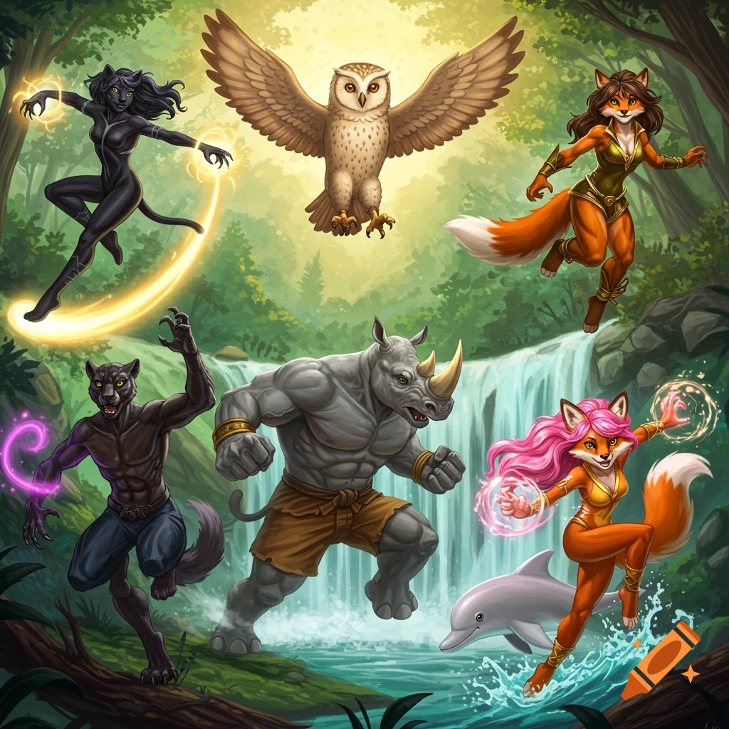 Anthropomorphic characters with superpowers in a fantasy forest ...