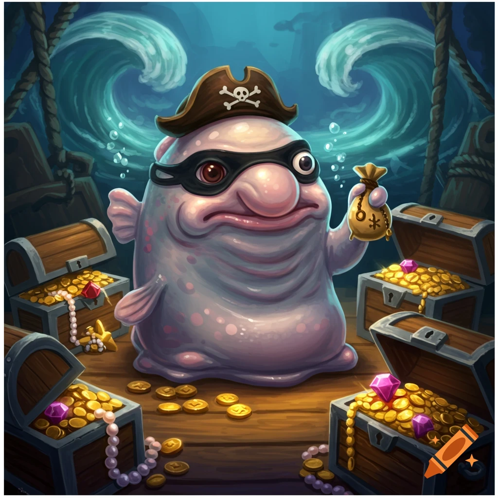 Cartoon blob fish pirate bandit with treasure chests underwater on Craiyon