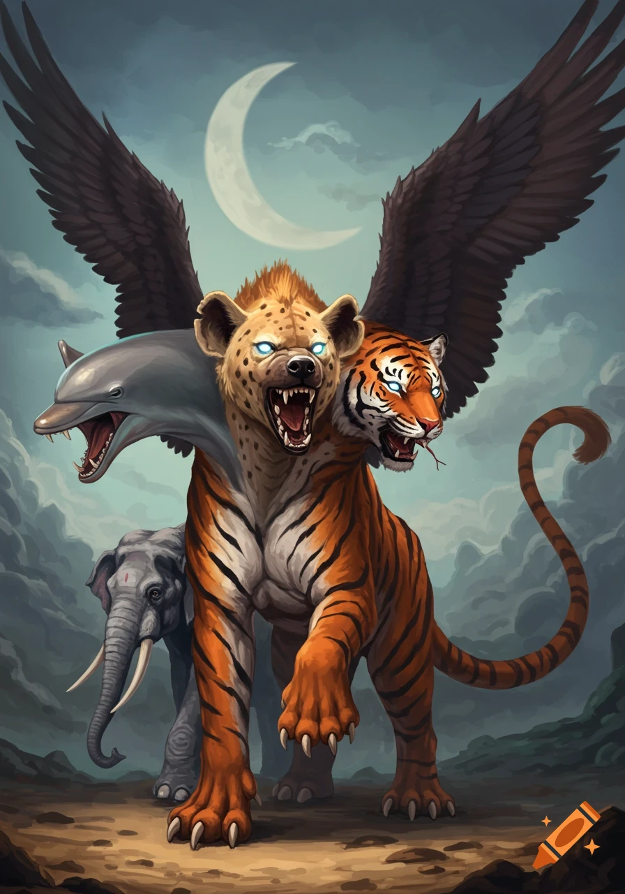 A mythical chimera creature with three heads (dolphin, hyena, tiger), a ...