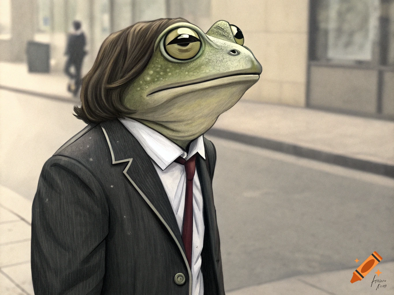 A frog with brown hair wearing a suit and tie stands outside, looking ...