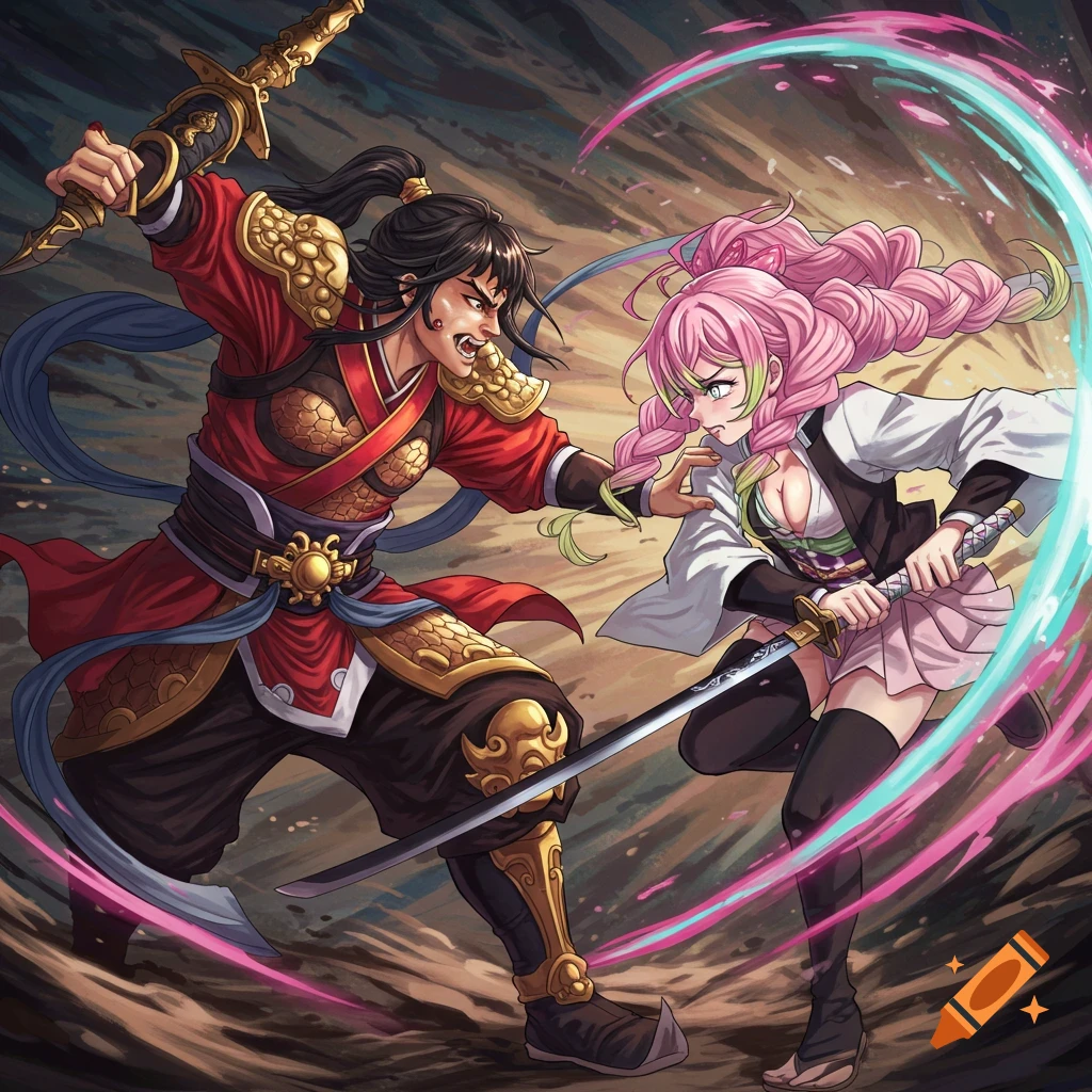 Fantasy illustration of a warrior in red armor fighting an anime ...