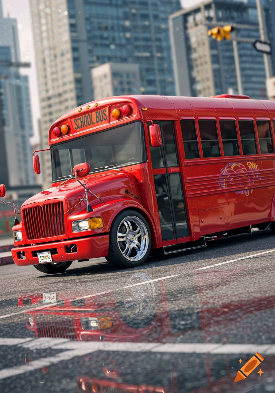 A customized red school bus with hydraulics on a wet city street. on ...