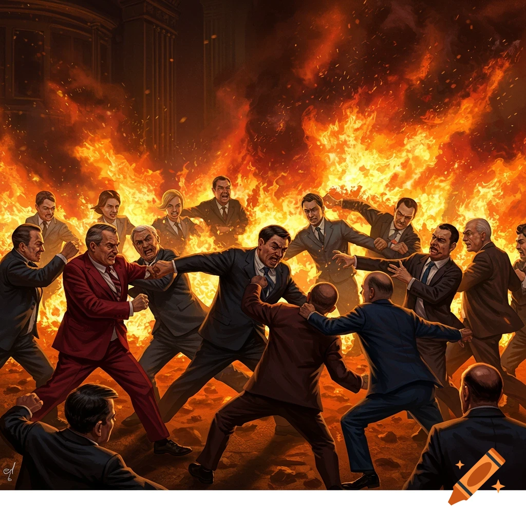 Men in suits fighting surrounded by flames in a stylized illustration ...