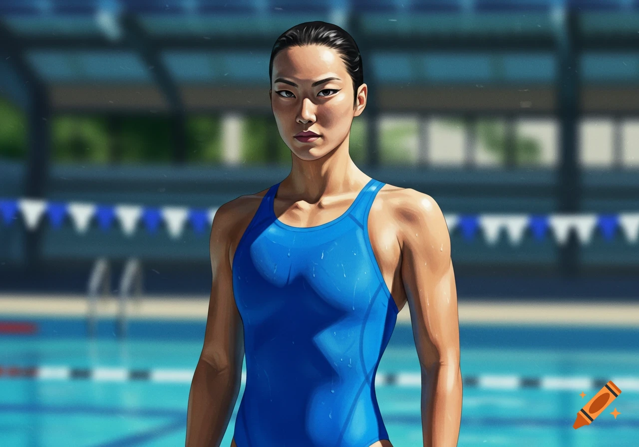 Illustration of a woman swimmer standing by a pool, looking forward. on ...