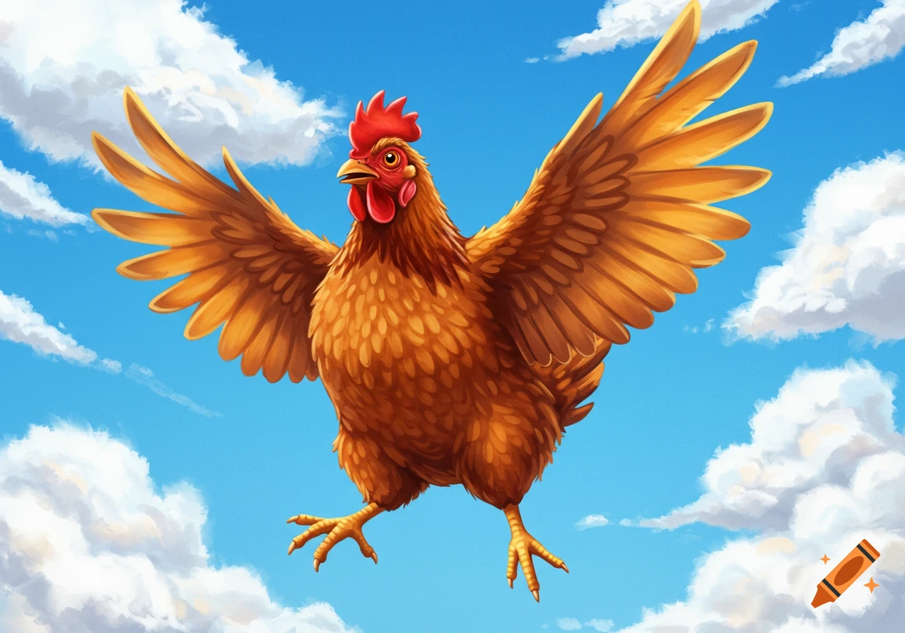 Illustration of a brown chicken flying in a blue sky with clouds. on ...