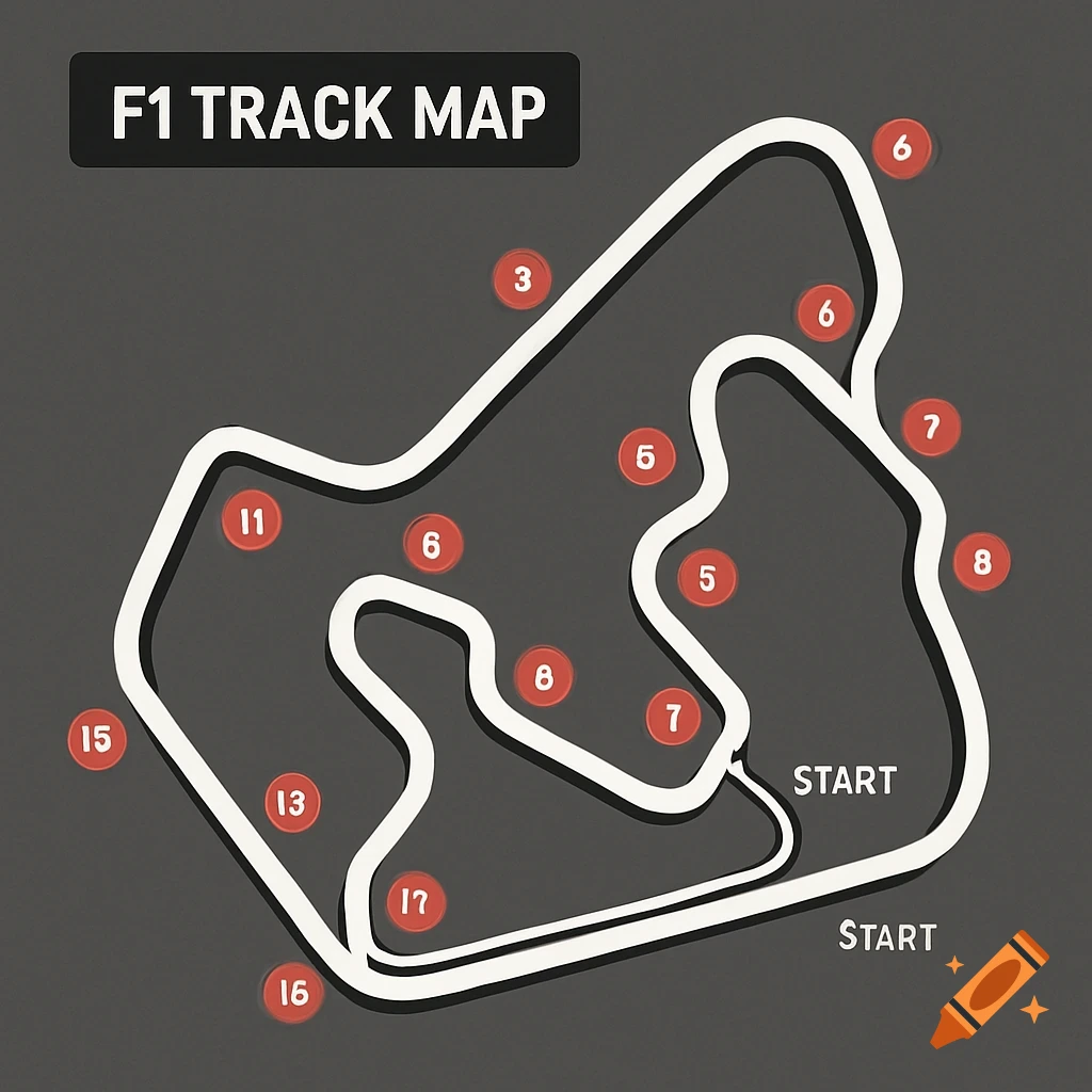 A diagram of an F1 racing track map with numbered turns and start lines ...