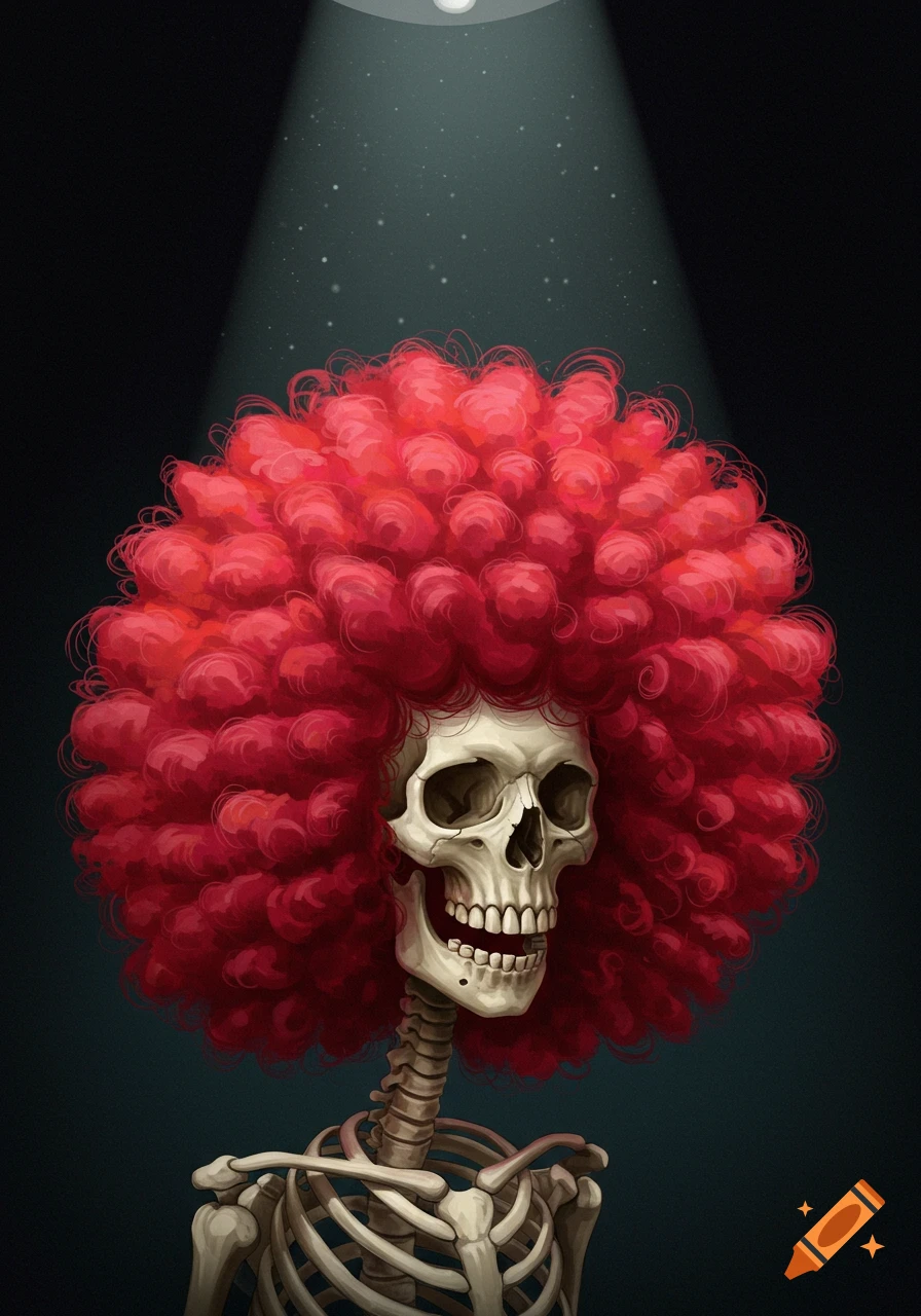 A skeleton head and torso wearing a large red afro wig under a ...