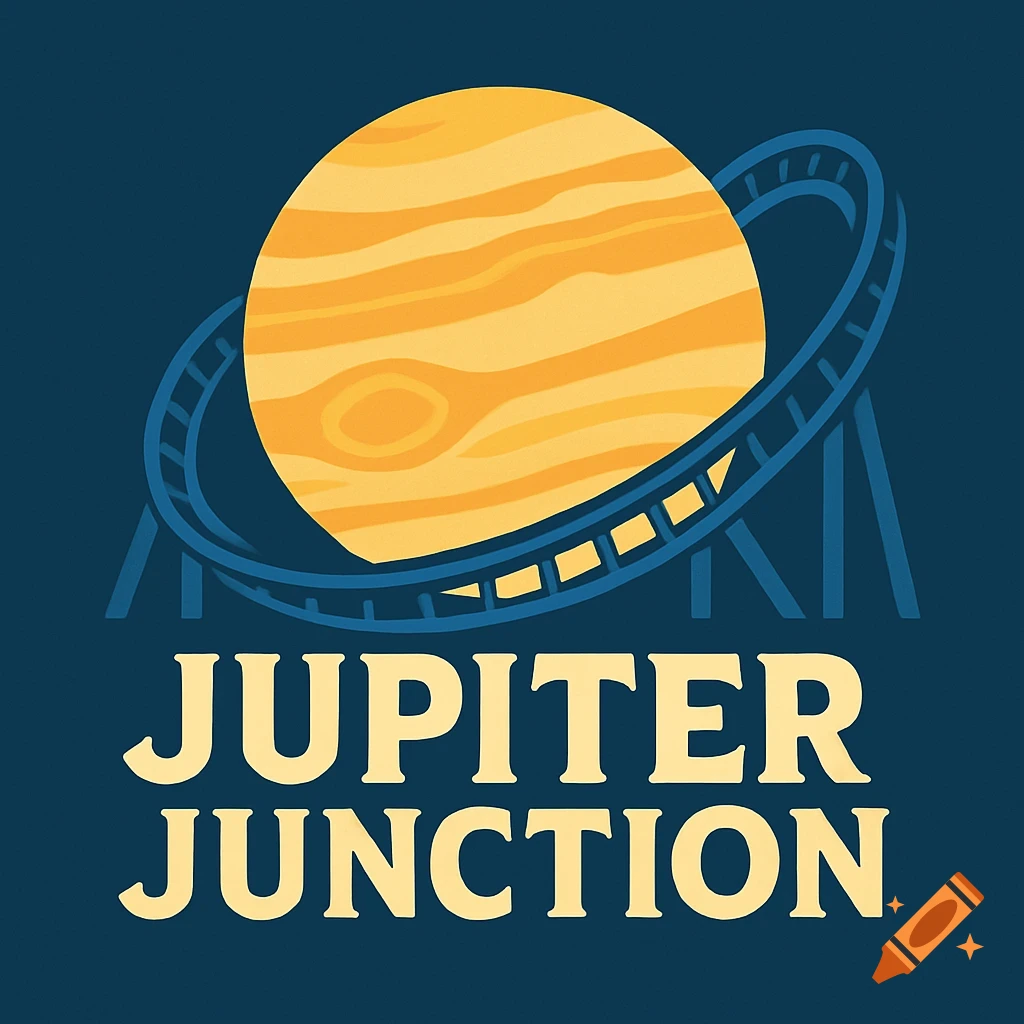 Logo with planet Jupiter and a roller coaster track above the text ...