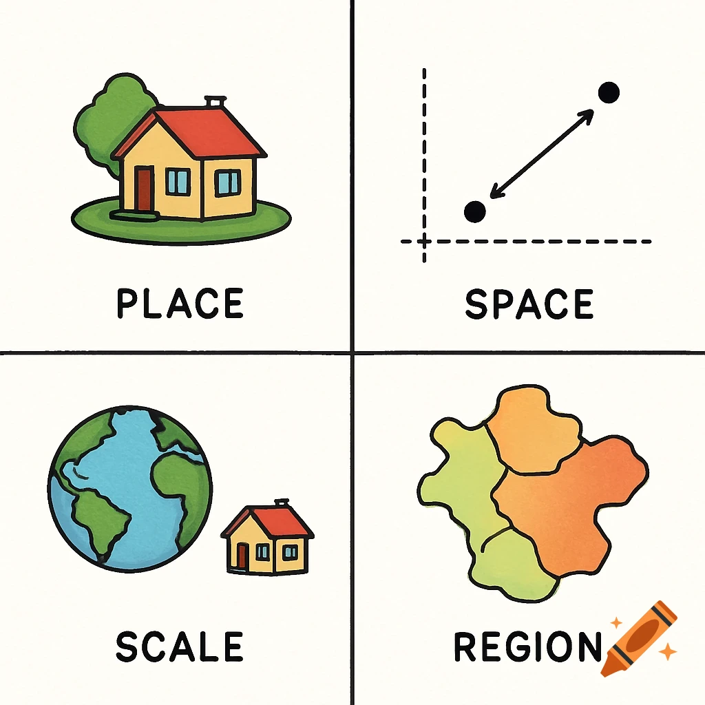 Four panels illustrating geographic concepts: a house for PLACE, a ...
