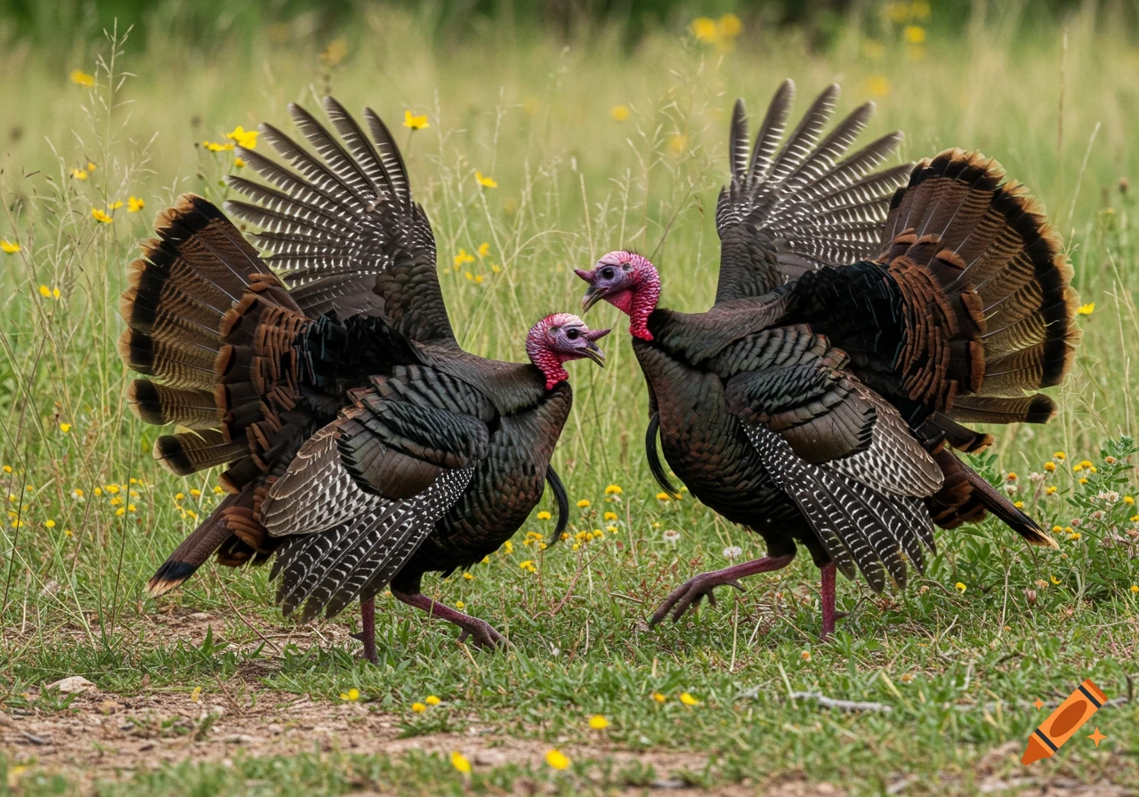 Two turkeys fighting in a grassy field, photorealistic. on Craiyon