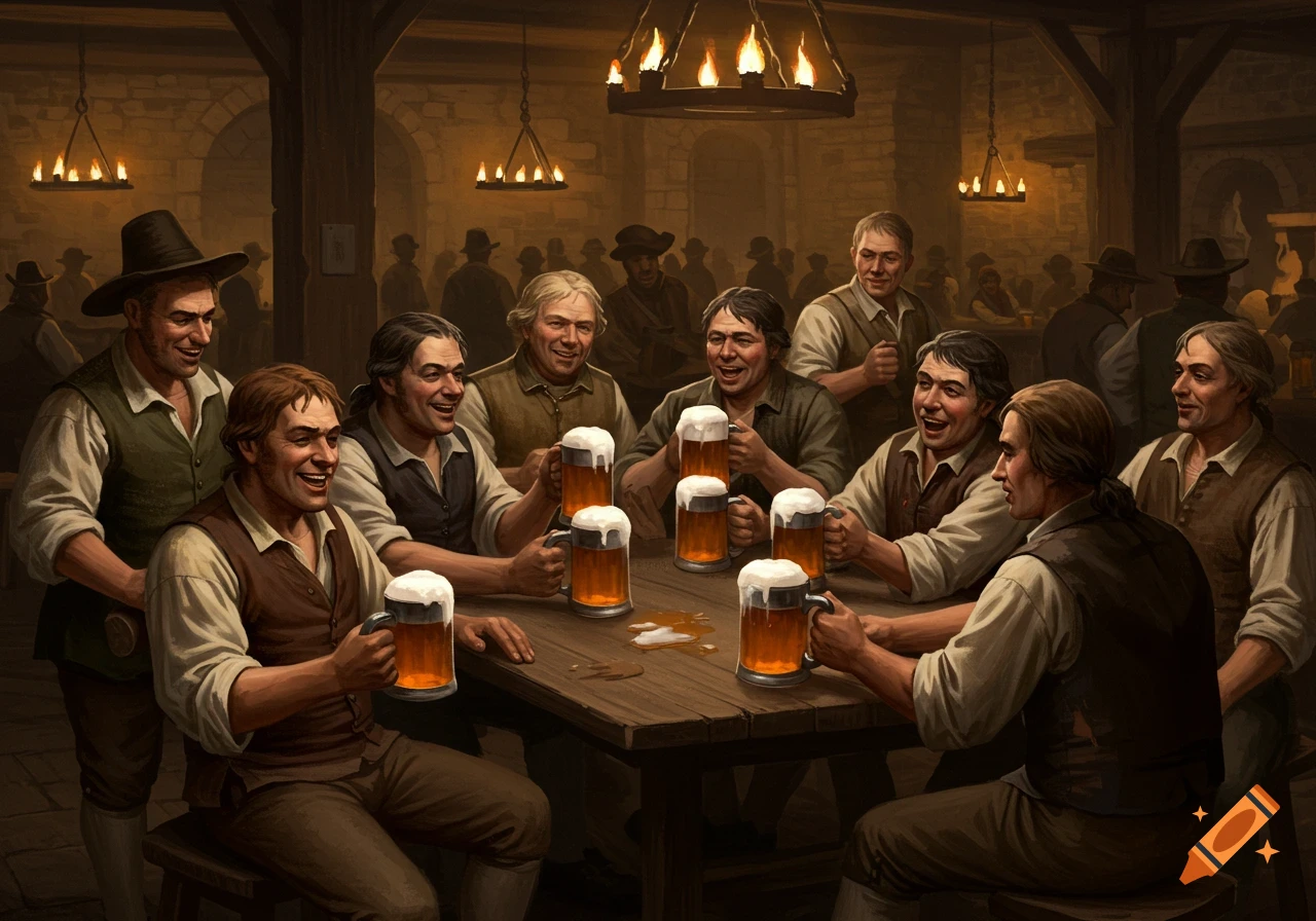 Men drink beer around a table in a dimly lit, old-fashioned tavern. on ...