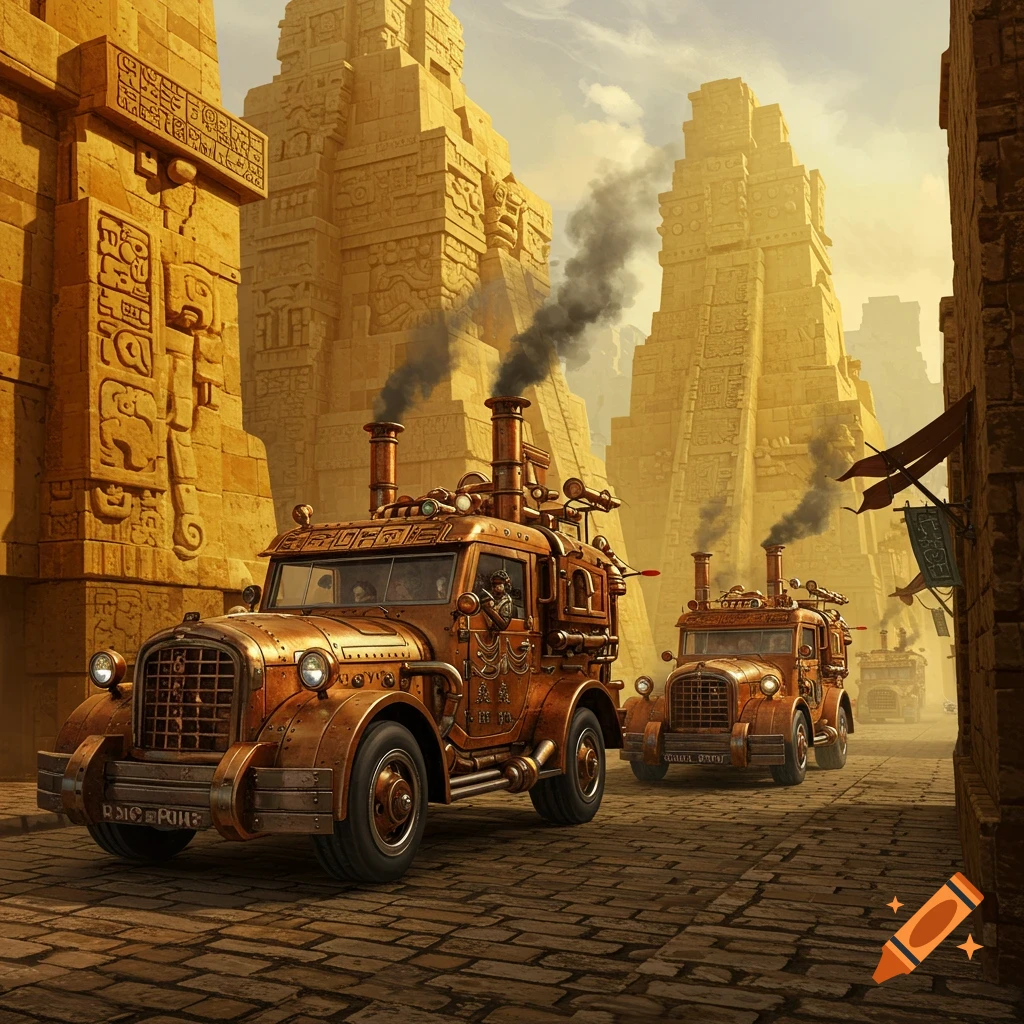 Steampunk trucks drive down a cobblestone street past ancient temples ...