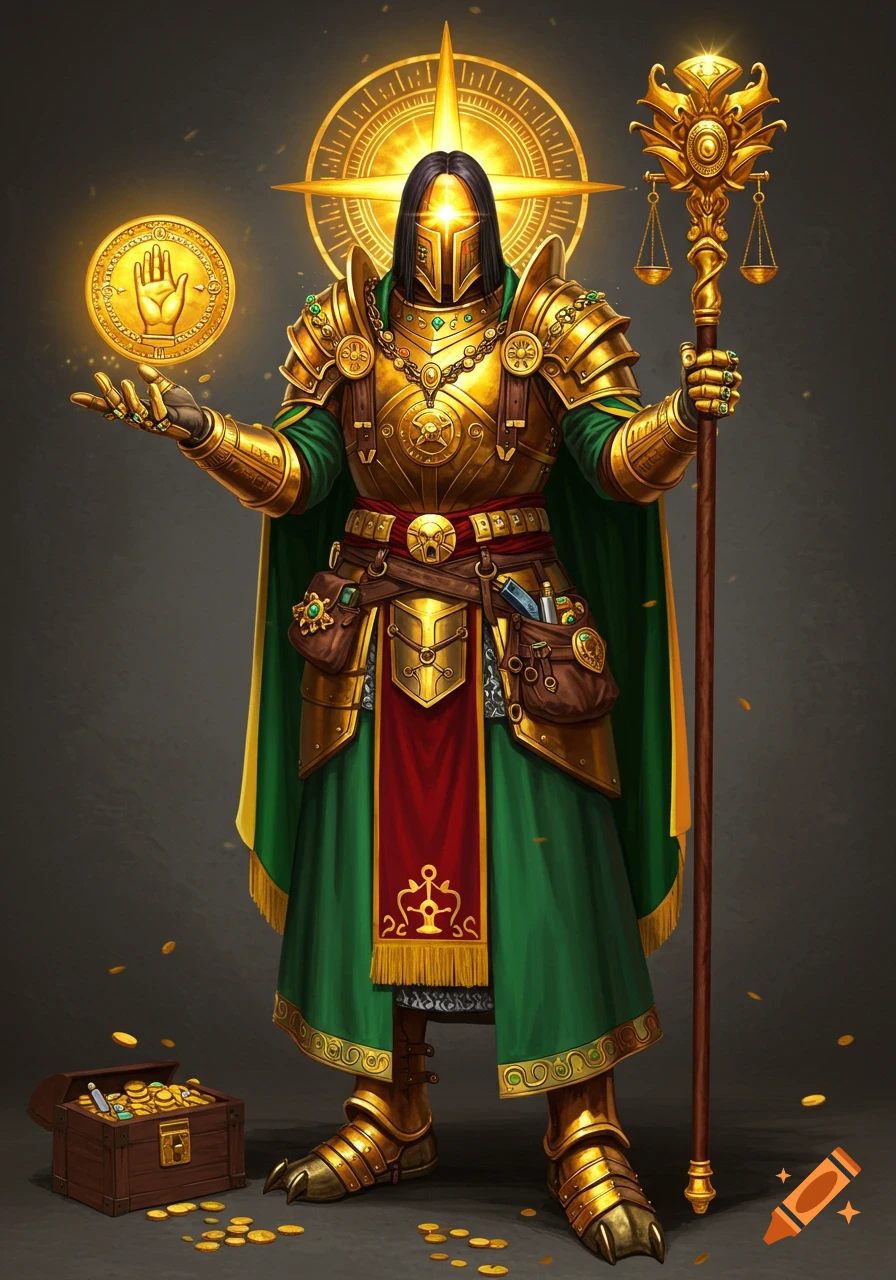 Fantasy character in detailed golden armor and green robes holding a ...
