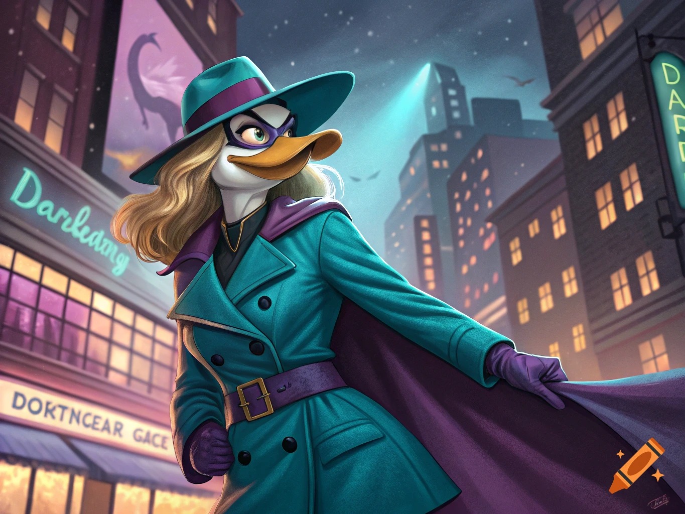 A female anthropomorphic duck character in a trench coat, hat, and mask ...
