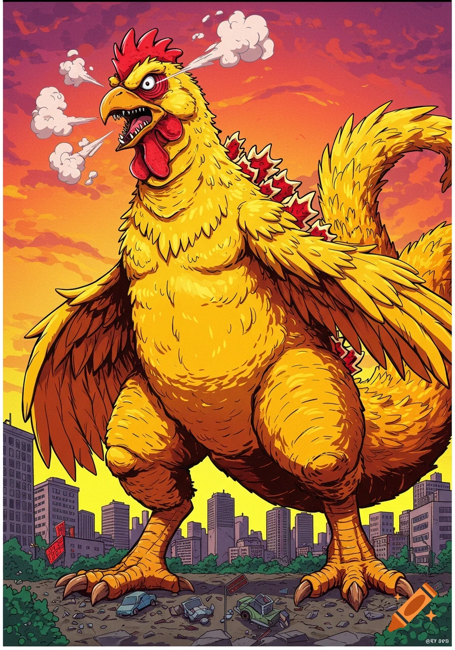 Cartoon giant chicken monster with red spikes on its back rampages ...