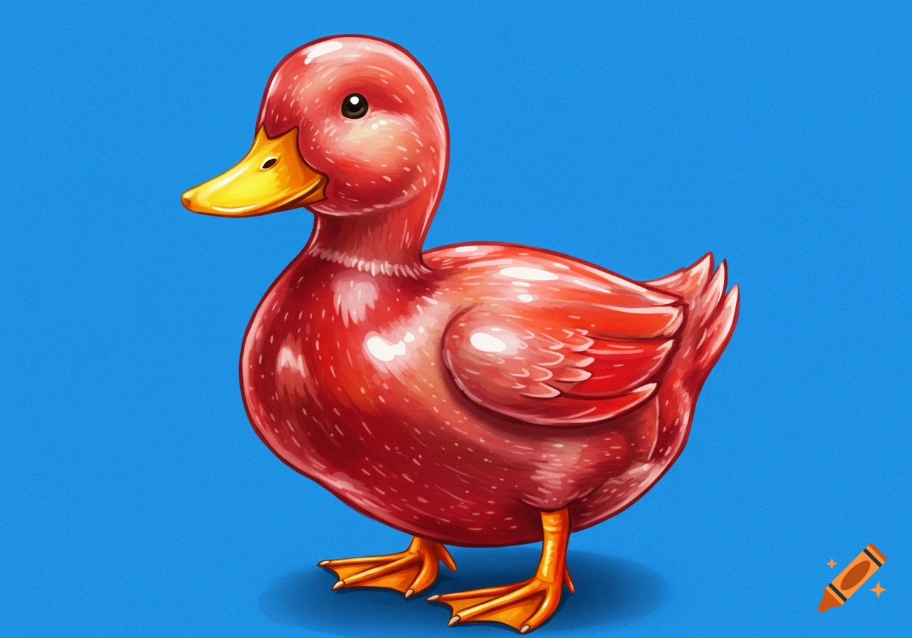 A shiny red duck resembling an apple on a blue background. on Craiyon